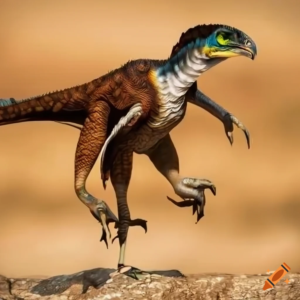 A feathered velociraptor with a falcon-like color pattern over its ...