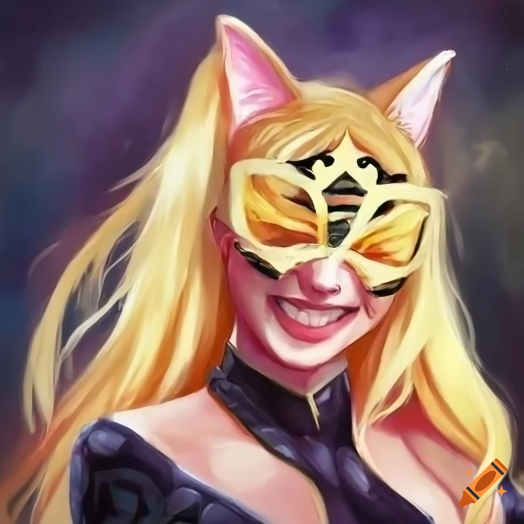 Happy-looking, cat-masked female superhero. She has two blonde ...