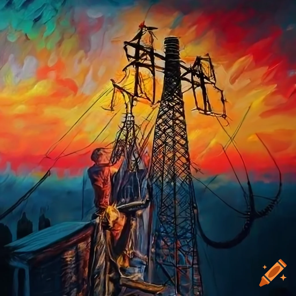 Men on a high voltage power line mast, detailed oil painting, detailed ...