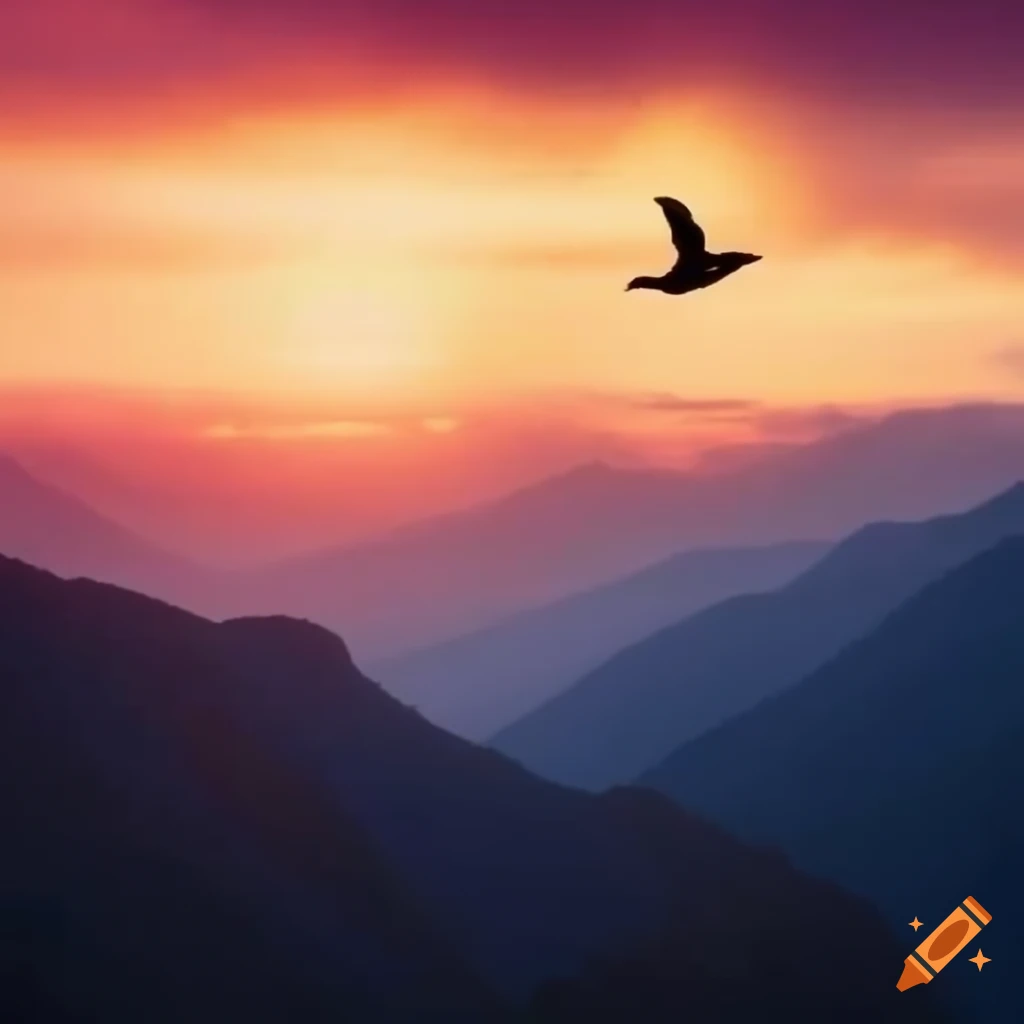 A scenic sunset with birds and mountains in the distance on Craiyon
