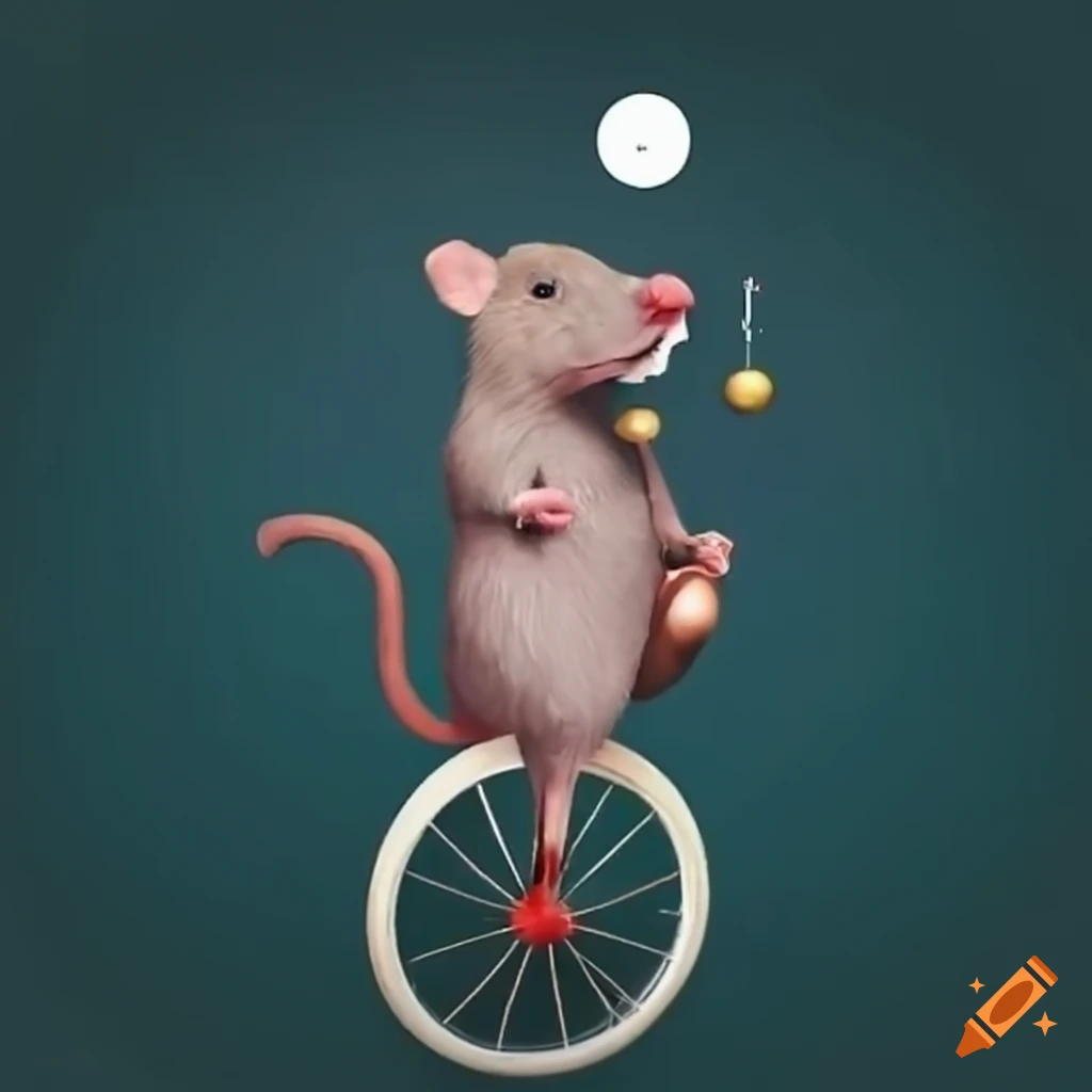 A rat juggling while riding a unicycle