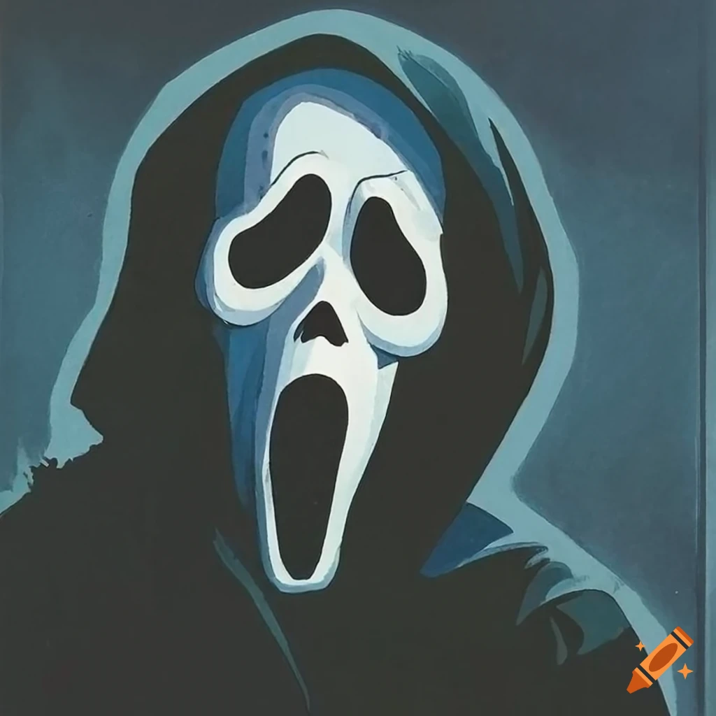80s anime illustration, ghostface, solid background, close up