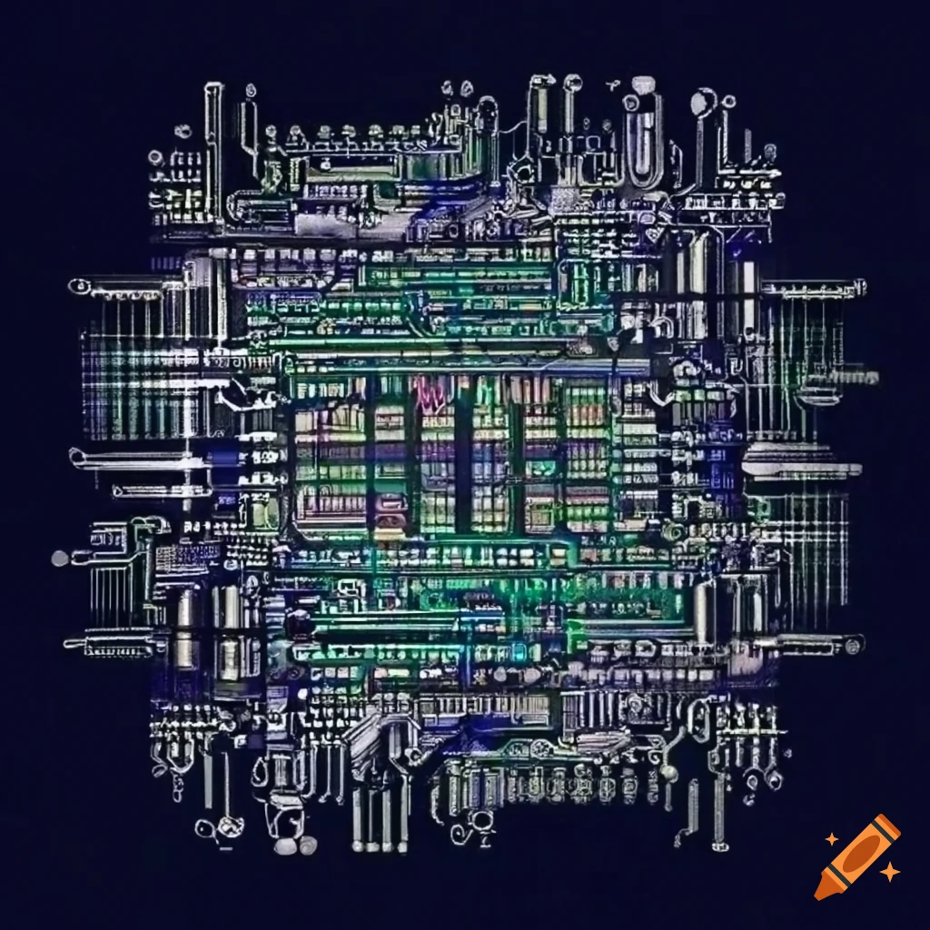 Complex semiconductor electronics circuit schematic drawing on Craiyon