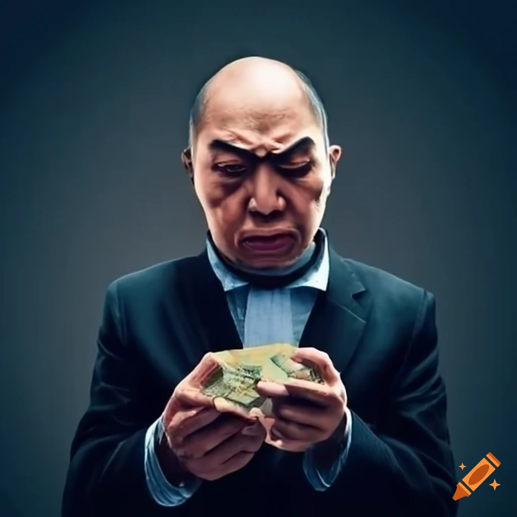 Angry man holds money with kazakh culture on Craiyon