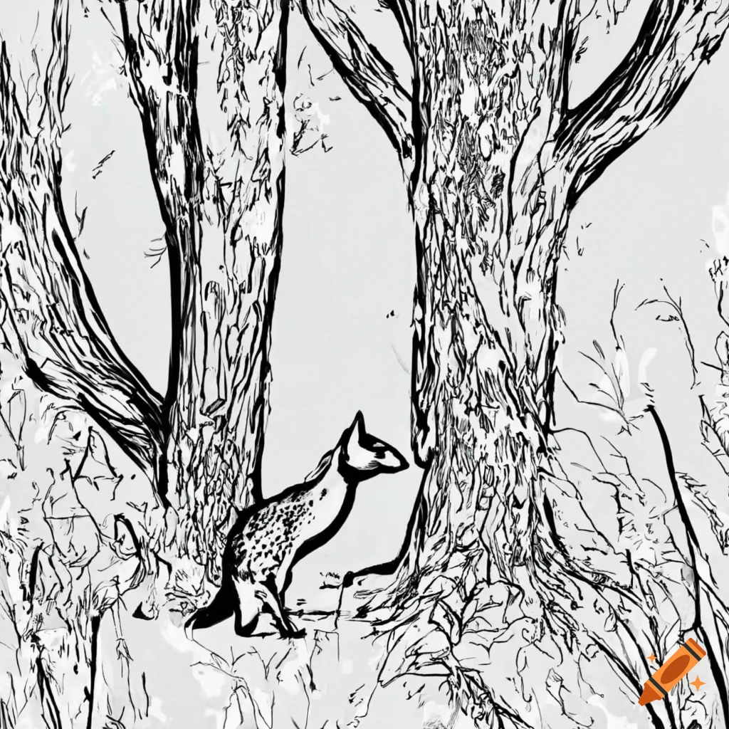 Line art of a fox walking around a tree to the right on Craiyon