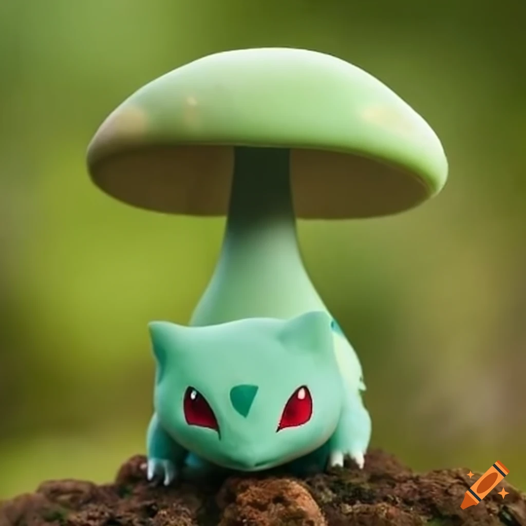 Bulbasaur-shaped mushroom grows on ground on Craiyon