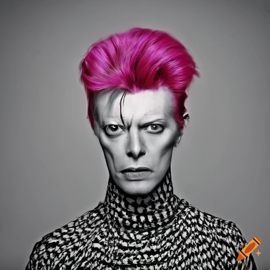Surrealist portraiture of david bowie in black and white with hot pink hair on Craiyon
