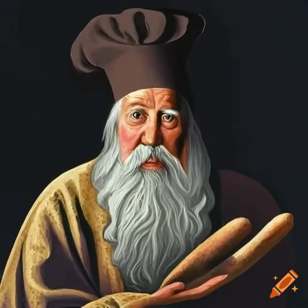 Portrait of a baker wizard wearing a chef wizard hat, middle aged man ...