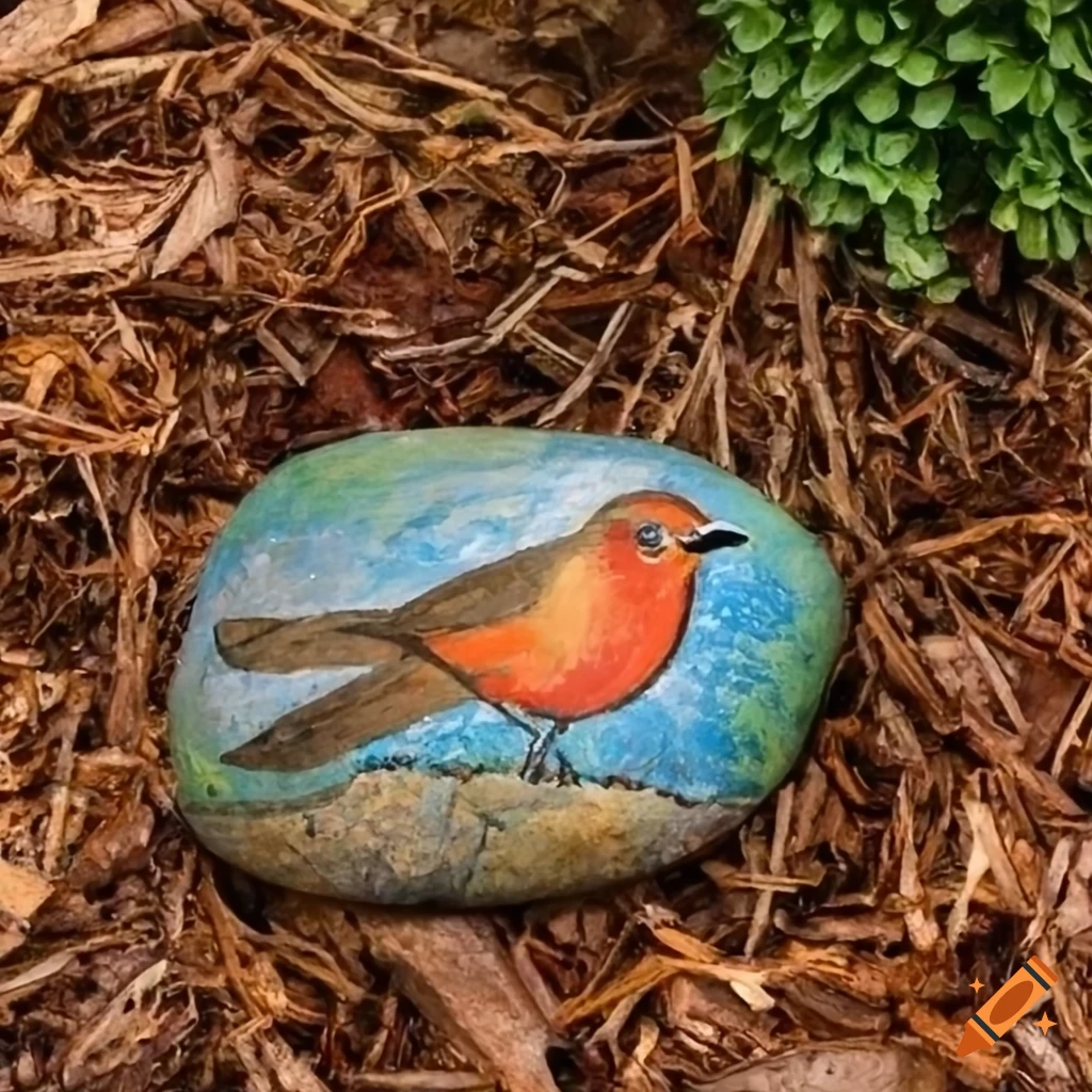 Glossy painted river rock of an ornate painting of a robin. the rock is ...