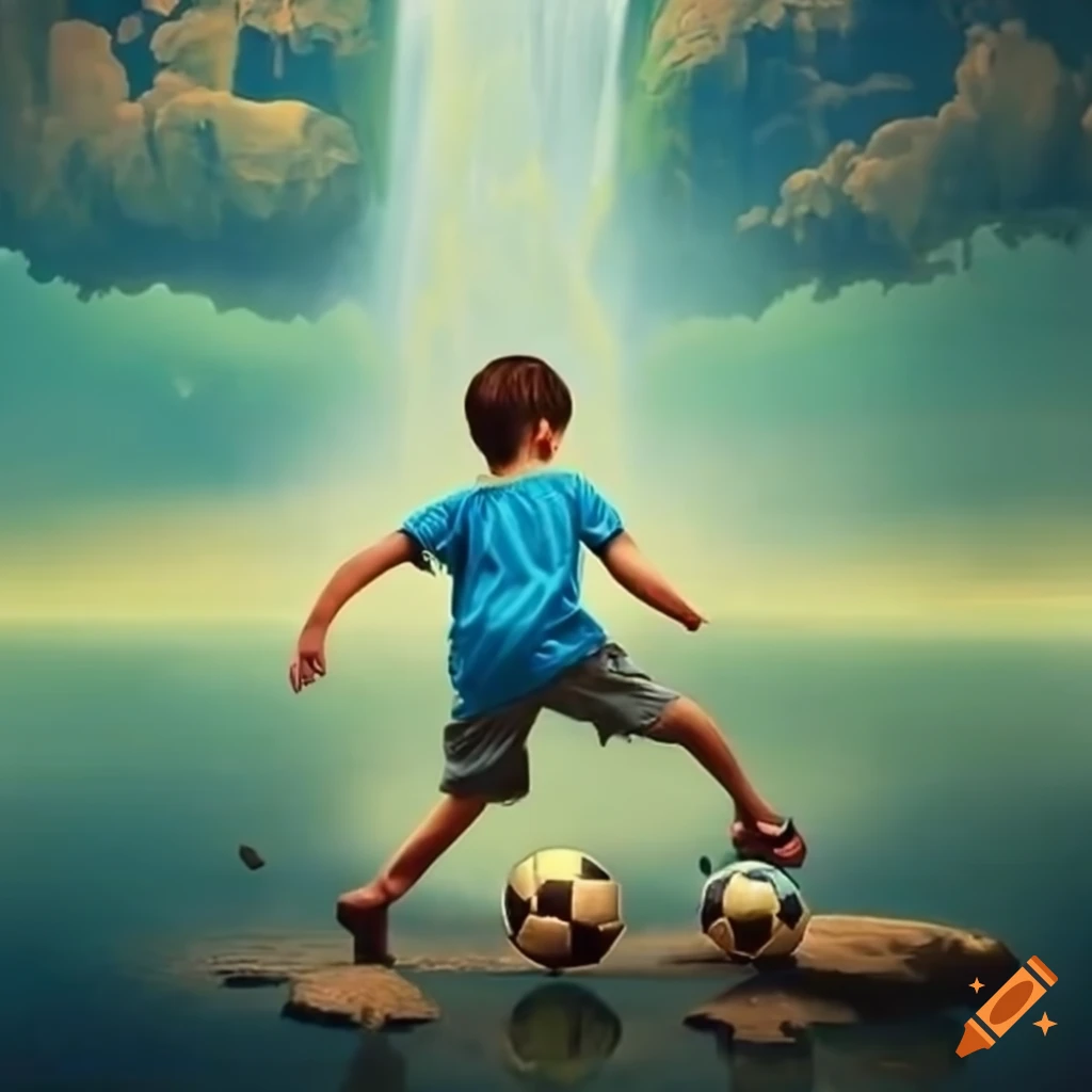 A boy playing football by the lake of a magical world with a waterfall ...
