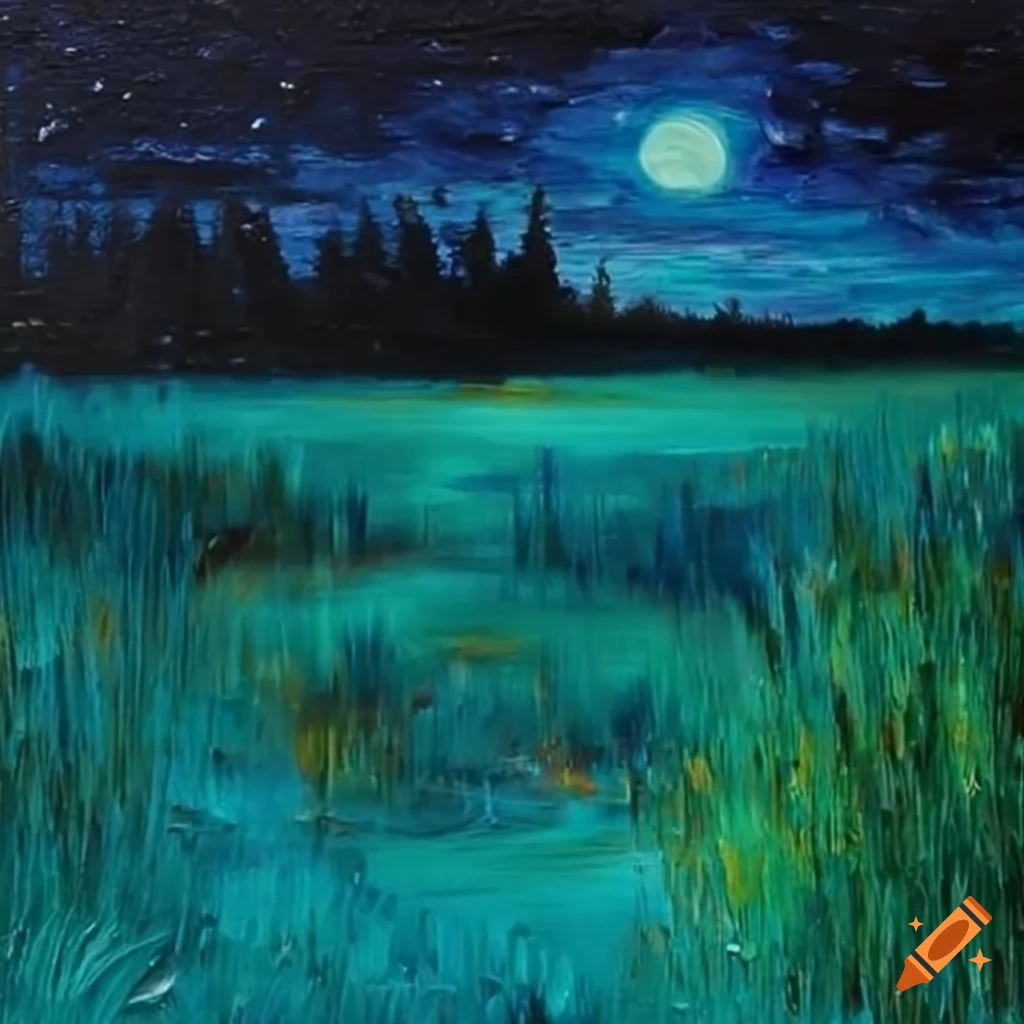 A night field with grass in which turquoise light shines on Craiyon