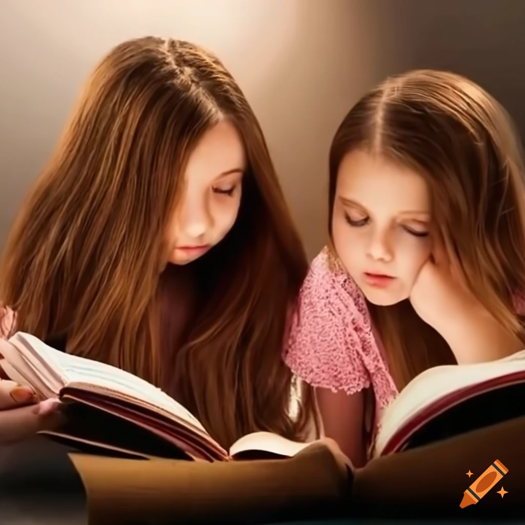 Two girls with brown hair reading a book on Craiyon