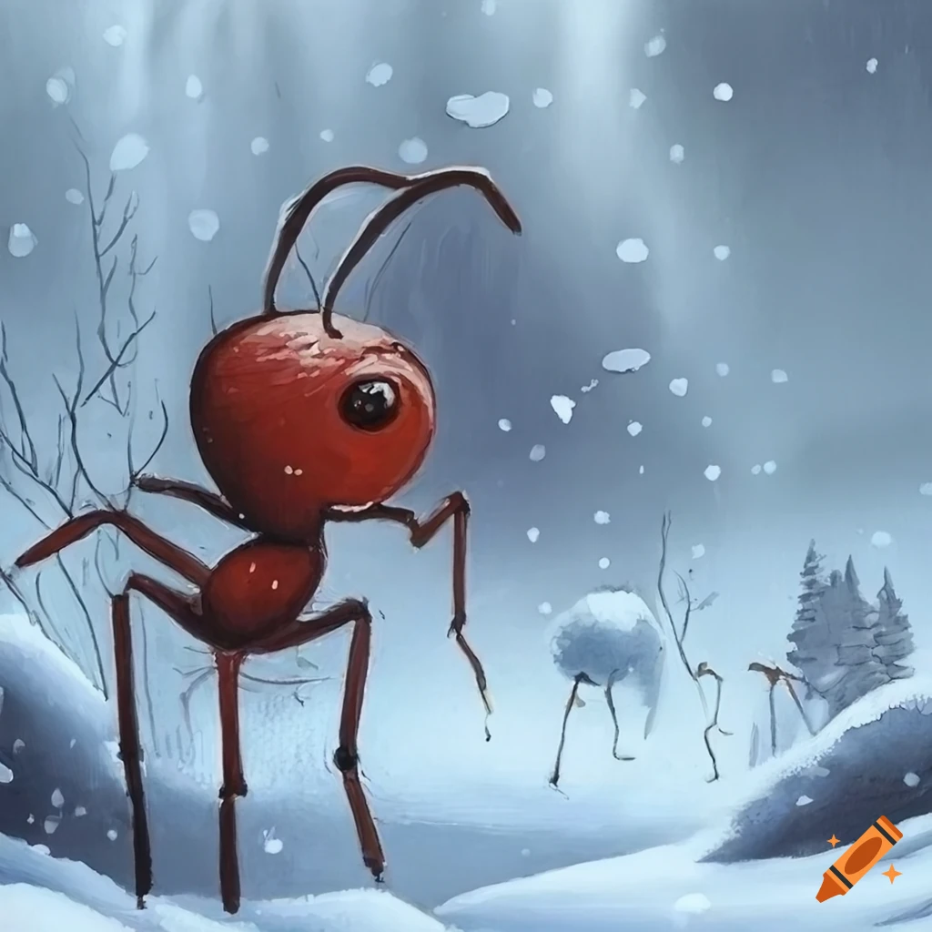 Painting of an ant snow wintery forest on Craiyon