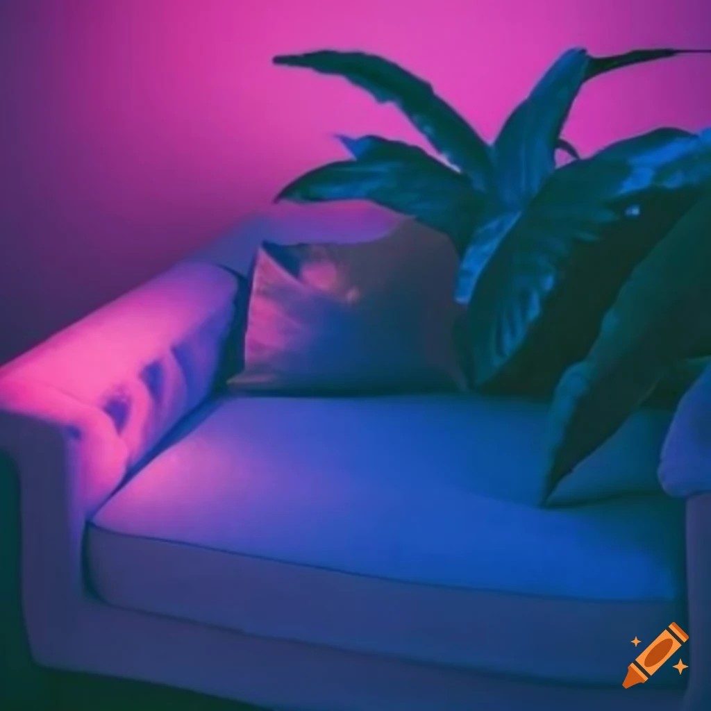Bright blue and soft pink neon lit couch with dense plants and plush ...