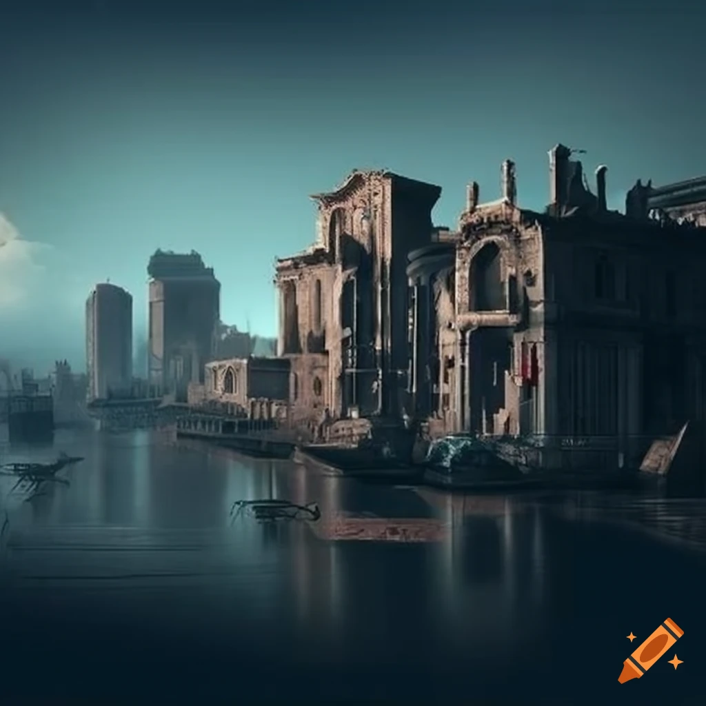 Post-apocalyptic cityscape with a Roman-inspired waterfront district on ...