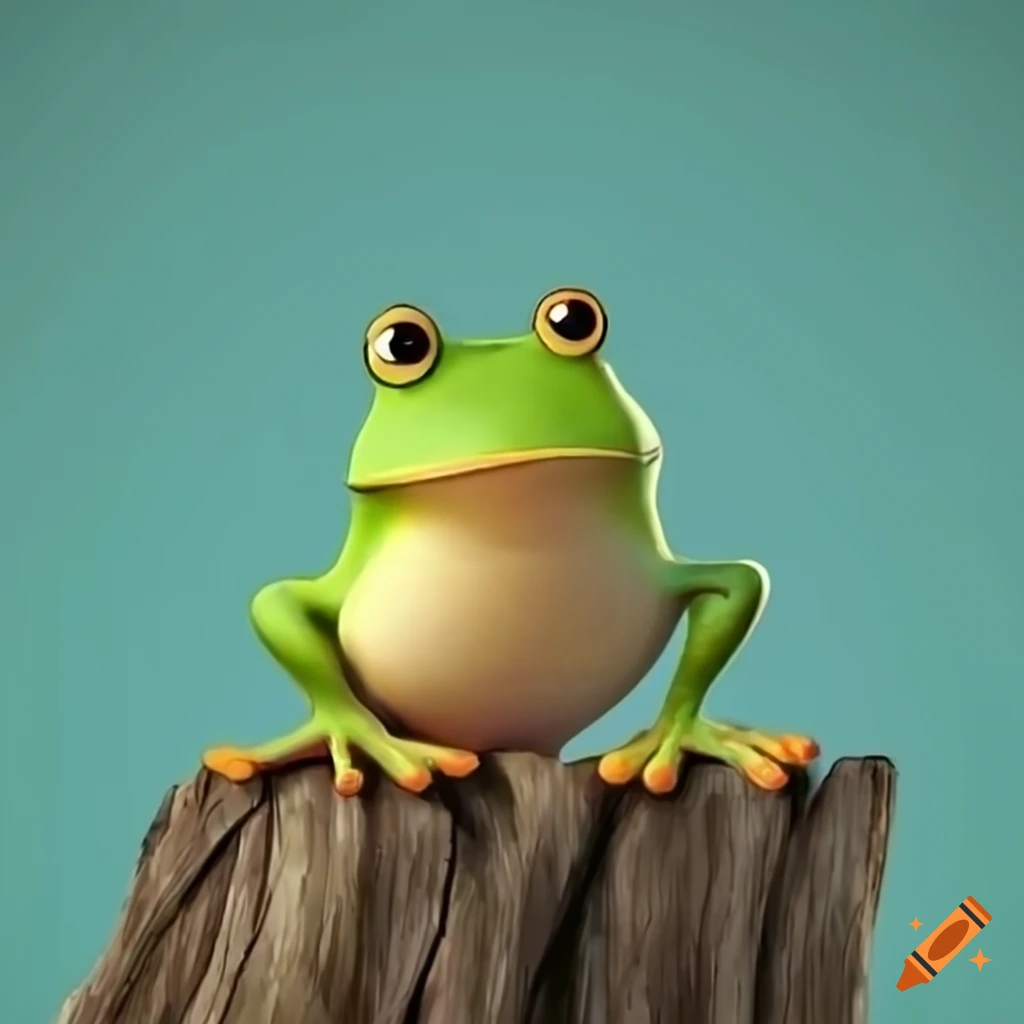 Animation art style frog sitting on a log