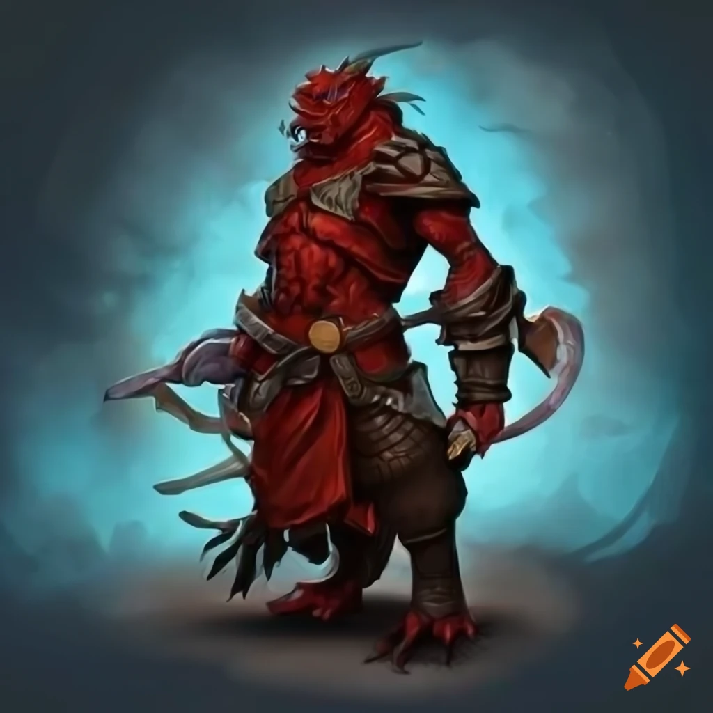 Red dragonborn artificer with an artificial eye