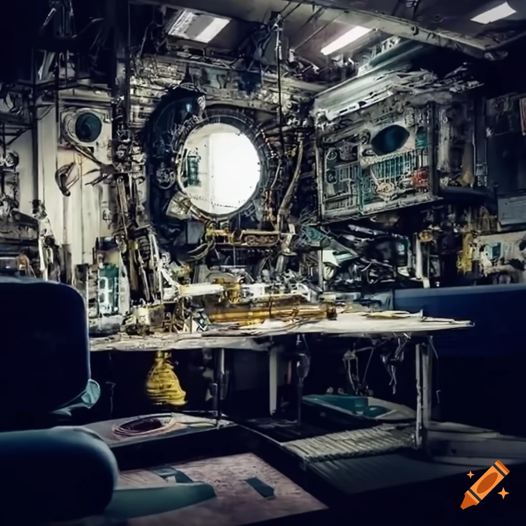 A engineering workshop inside of spaceship that is a bit disorganized ...