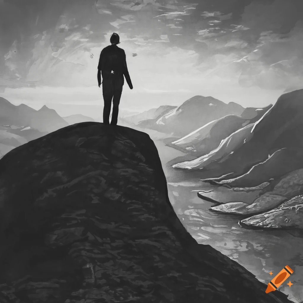 A detailed black and white ink illustration of a hero standing on top ...
