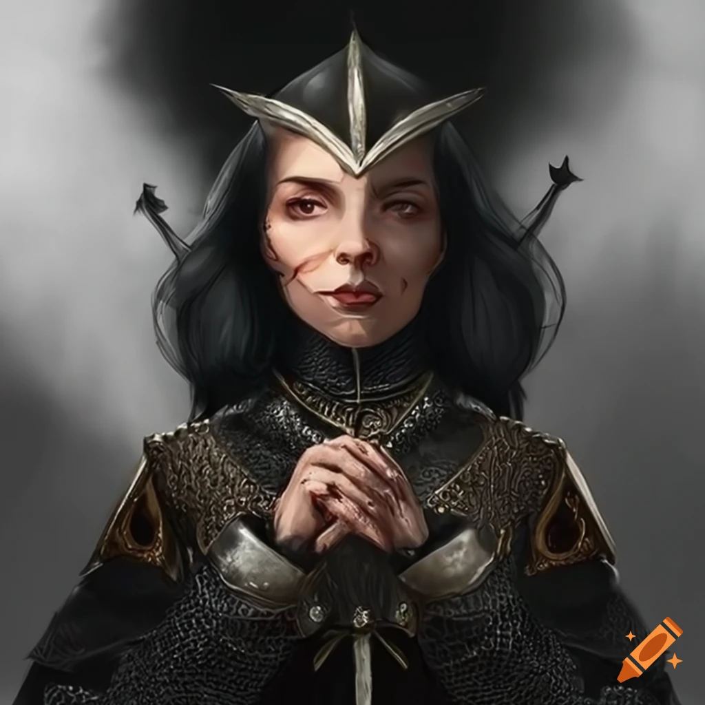 Old woman knight black hair and two sword, gold amor