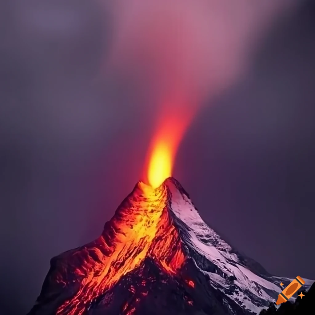 Matterhorn as a volcano with lava flows and smoke on Craiyon