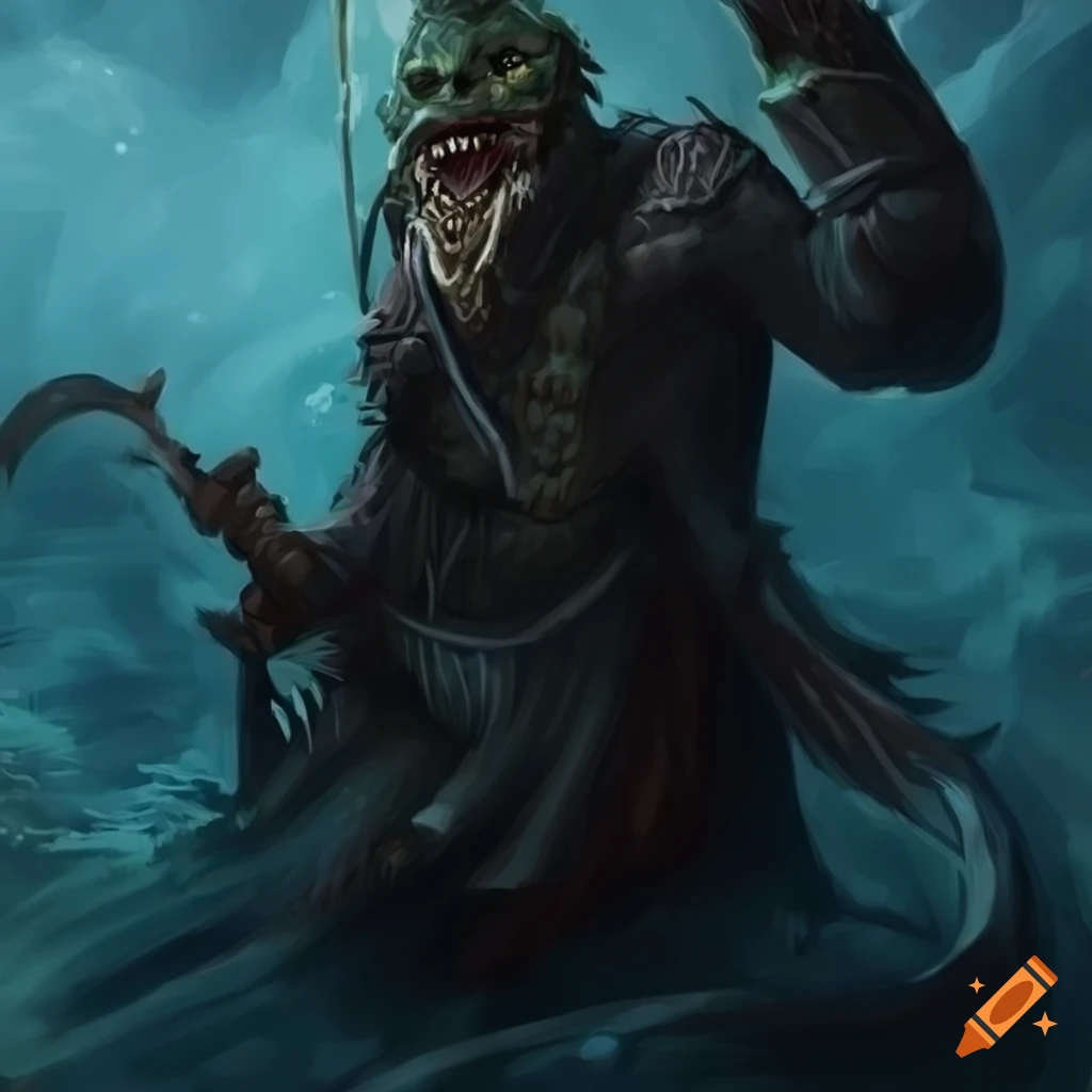 Dnd portrait of of a fierce reptilian sea captain braving stormy seas ...