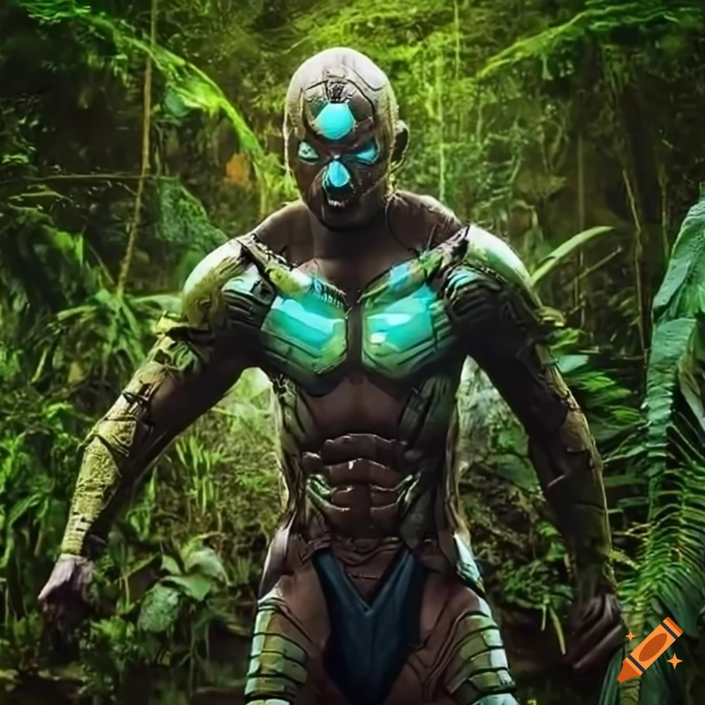 African superhuman superhero wearing futuristic armor in a rainforest ...