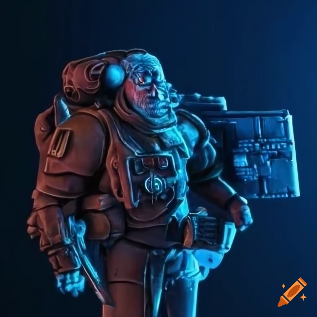 Old soldier in space, neon light, computer in background, warhammer figur