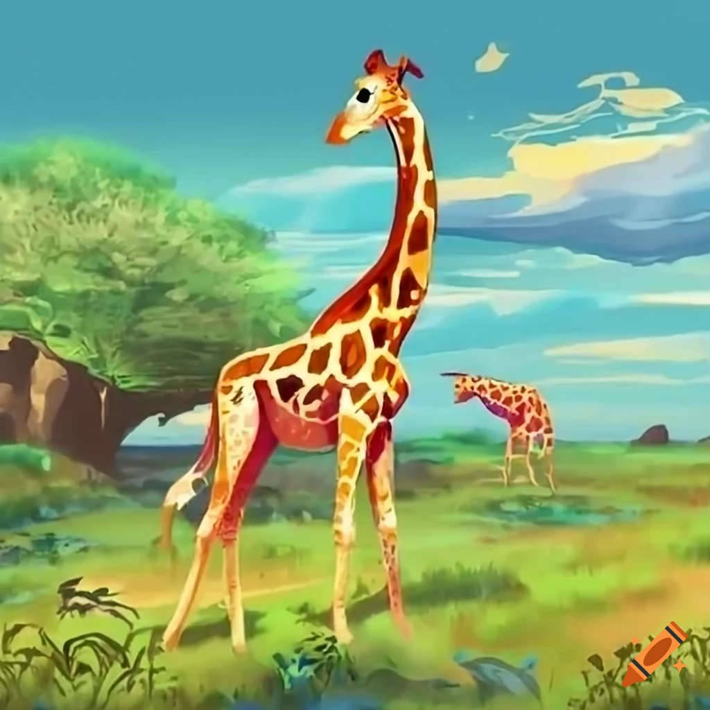 Giraffe licks its skin jungle disney savannah high grass blue sky near ...