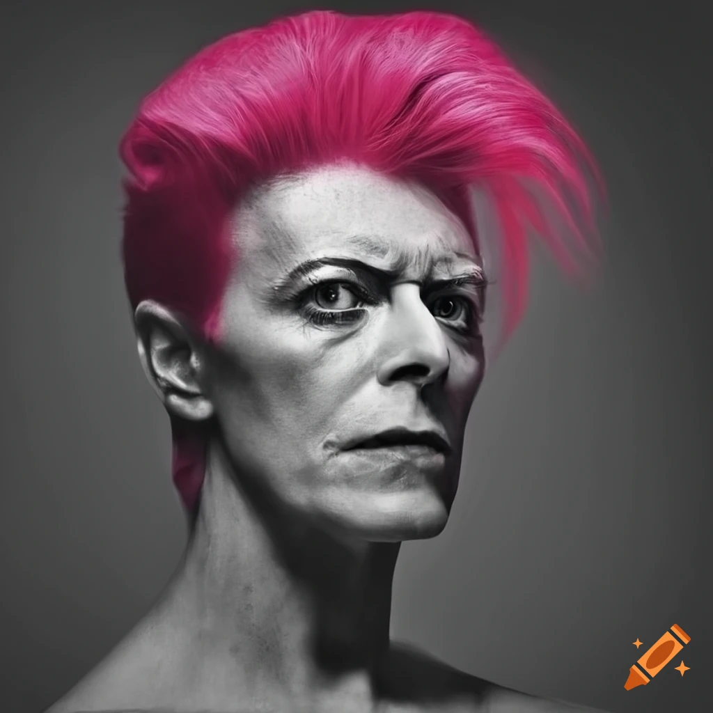 Surrealist portraiture of david bowie in black and white with hot pink hair on Craiyon