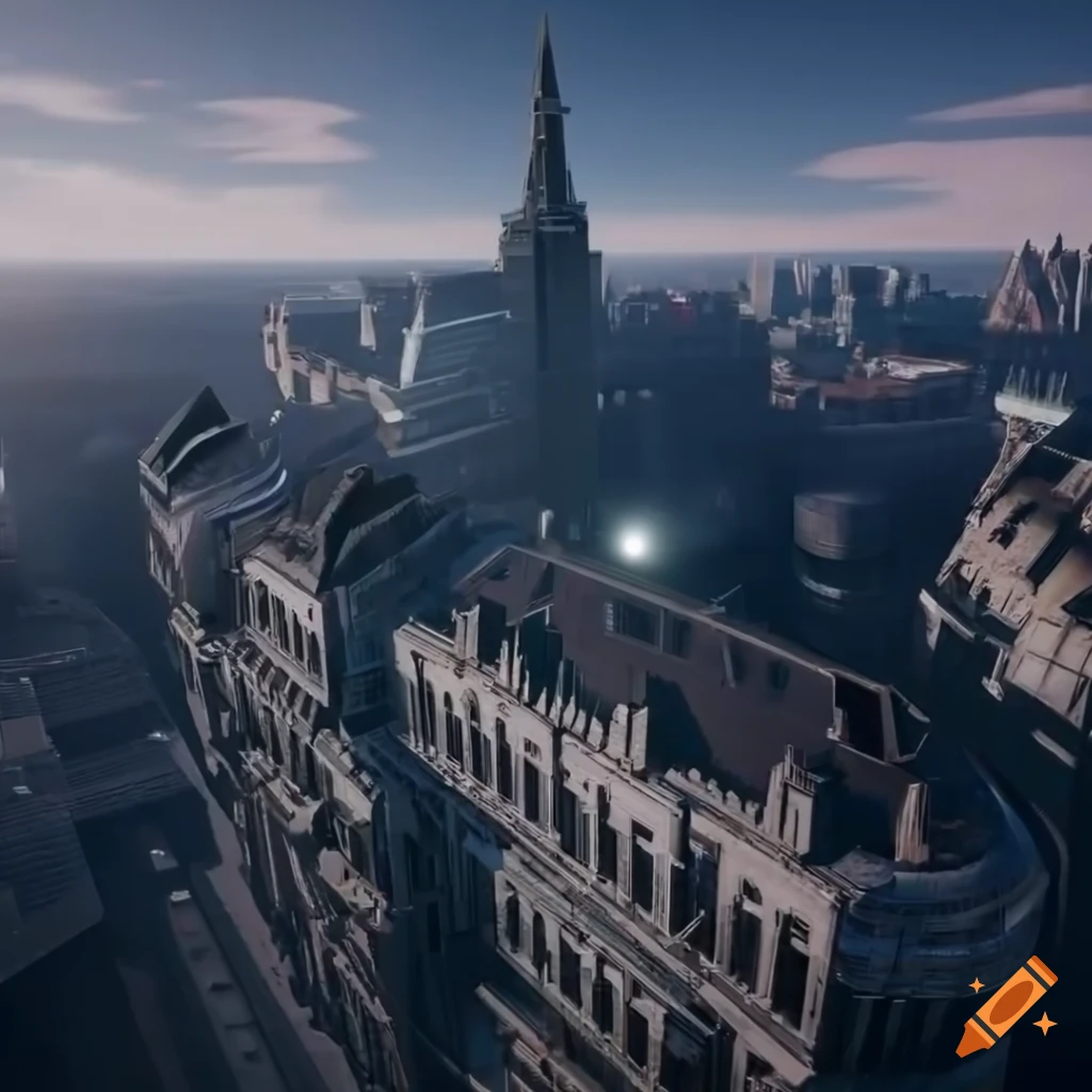 Unreal engine 5 aerial view of sci-fi erfurt with sci-fi skyscrapers on ...
