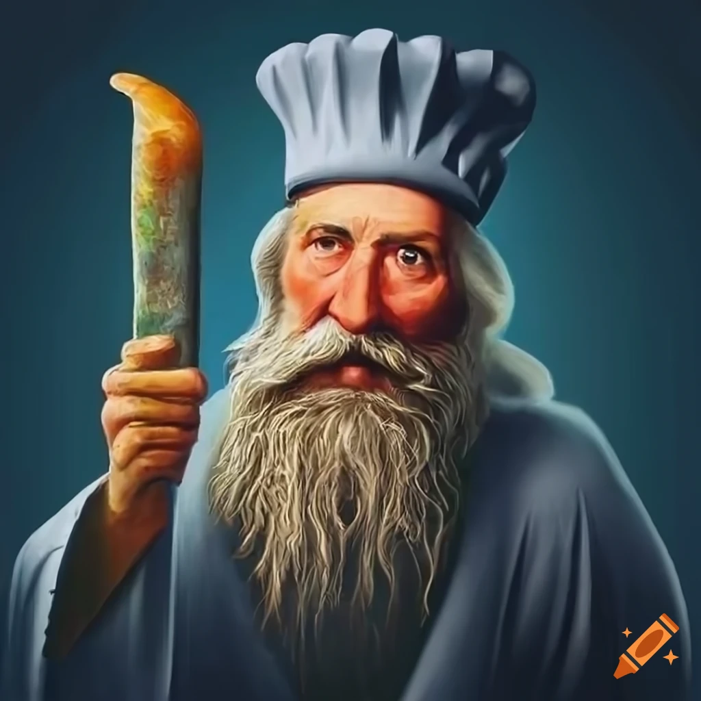 Portrait of a baker wizard wearing a chef wizard hat, middle aged man ...