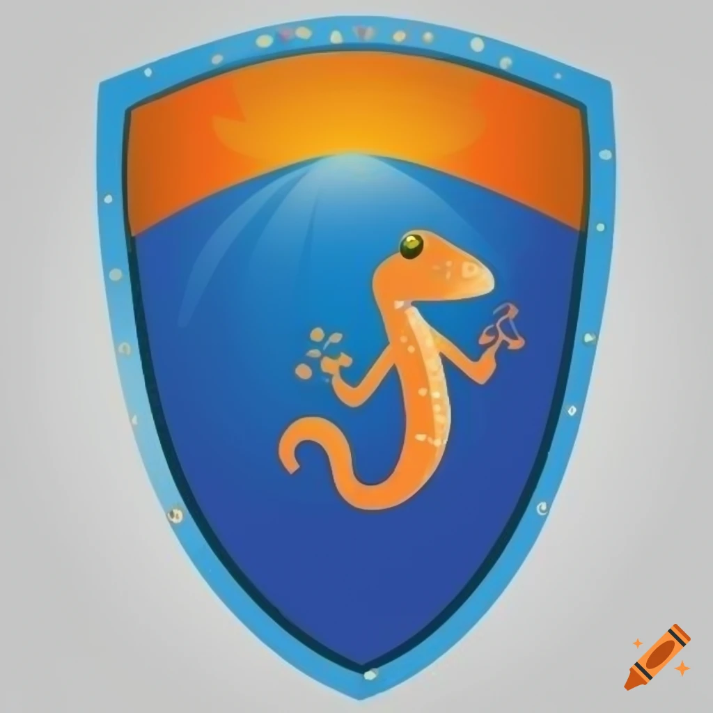 Shield of arms in orange an blue with a gecko on the shield protecting ...