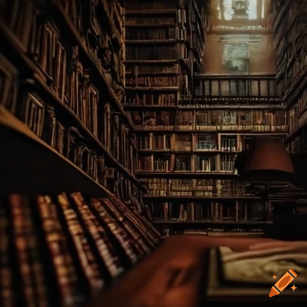 Surreal library room in a psychological horror game on Craiyon