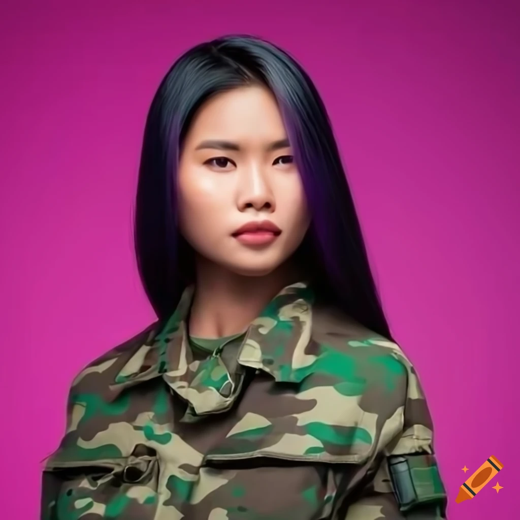 Photo portrait of young confident asian Philippine woman in a military ...