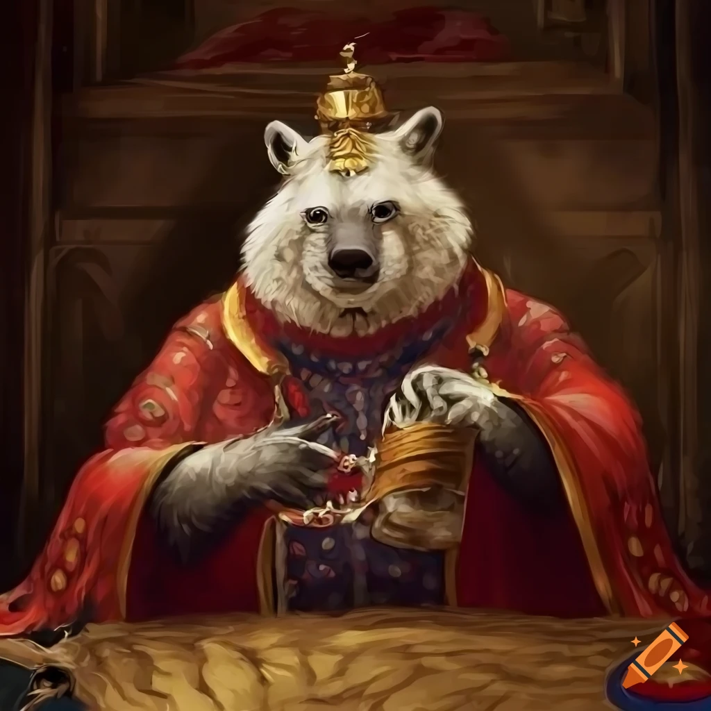 A fat bloated gluttonous anthro badger king wearing a royal coat with ...