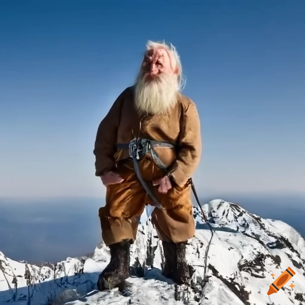 An old dwarf with blond hair. climbing on top of a snowy mountain on ...