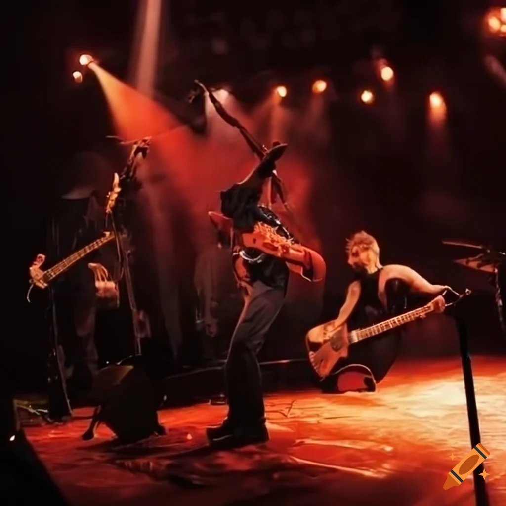 A lively rock band confidently performing on stage