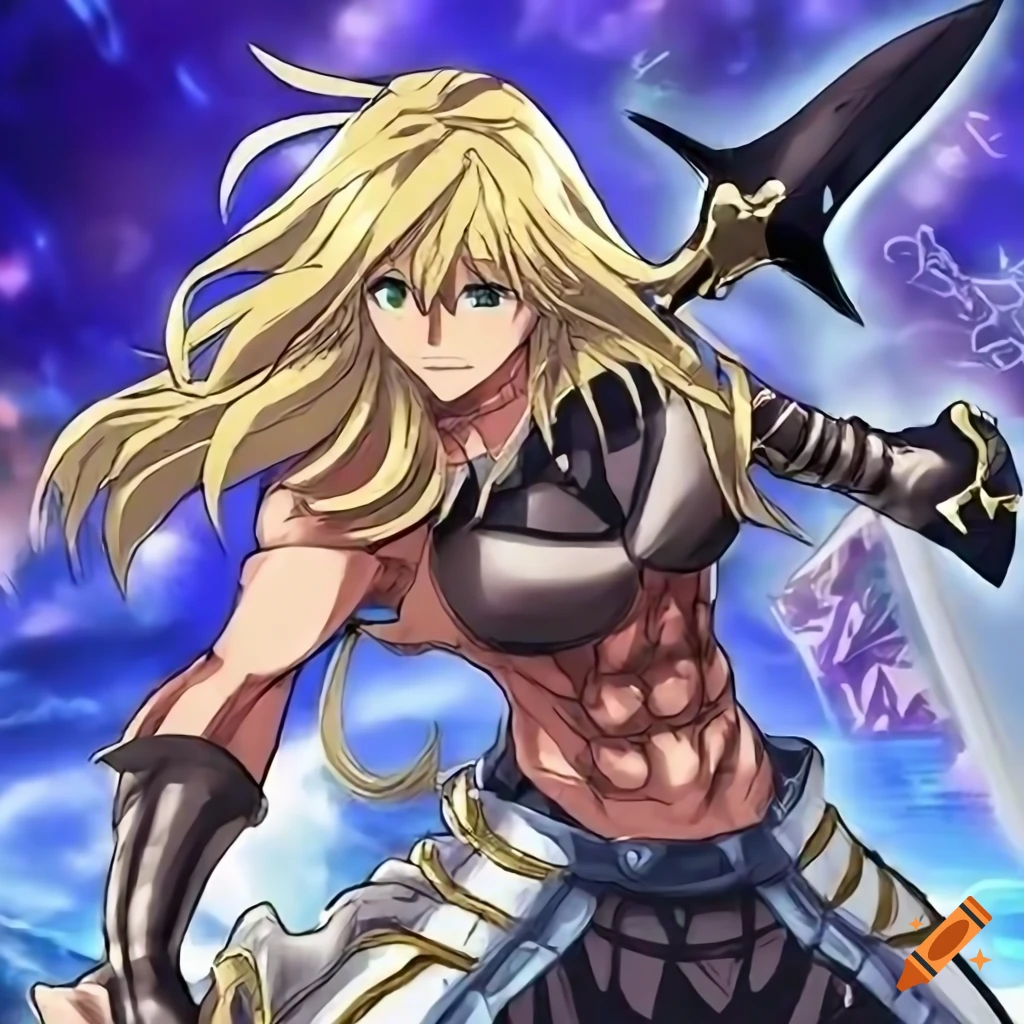 Record of ragnarok fighter with a spear and long blond hair, full body ...