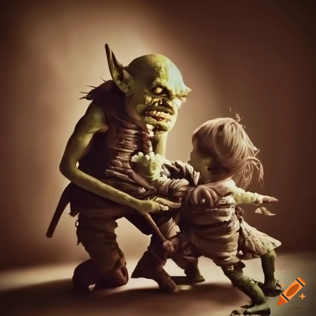 Goblins stealing children in sepia toned on Craiyon