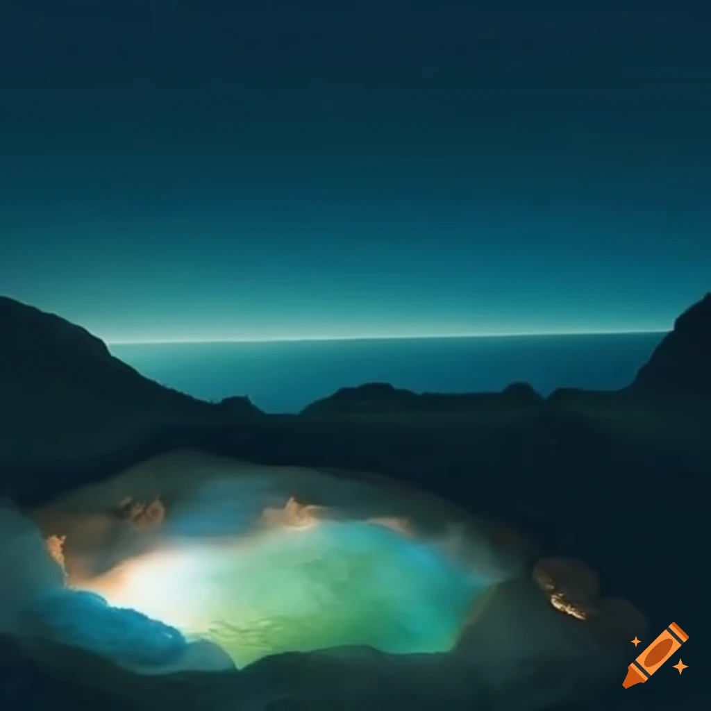 Hot spring set in rolling green hills with a view of the ocean at night ...