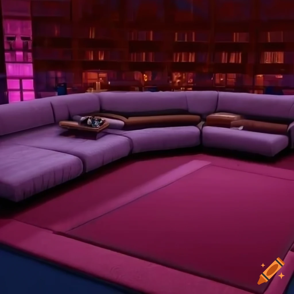 A large cozy late night talkshow set design, 70s sci fi art style, with ...