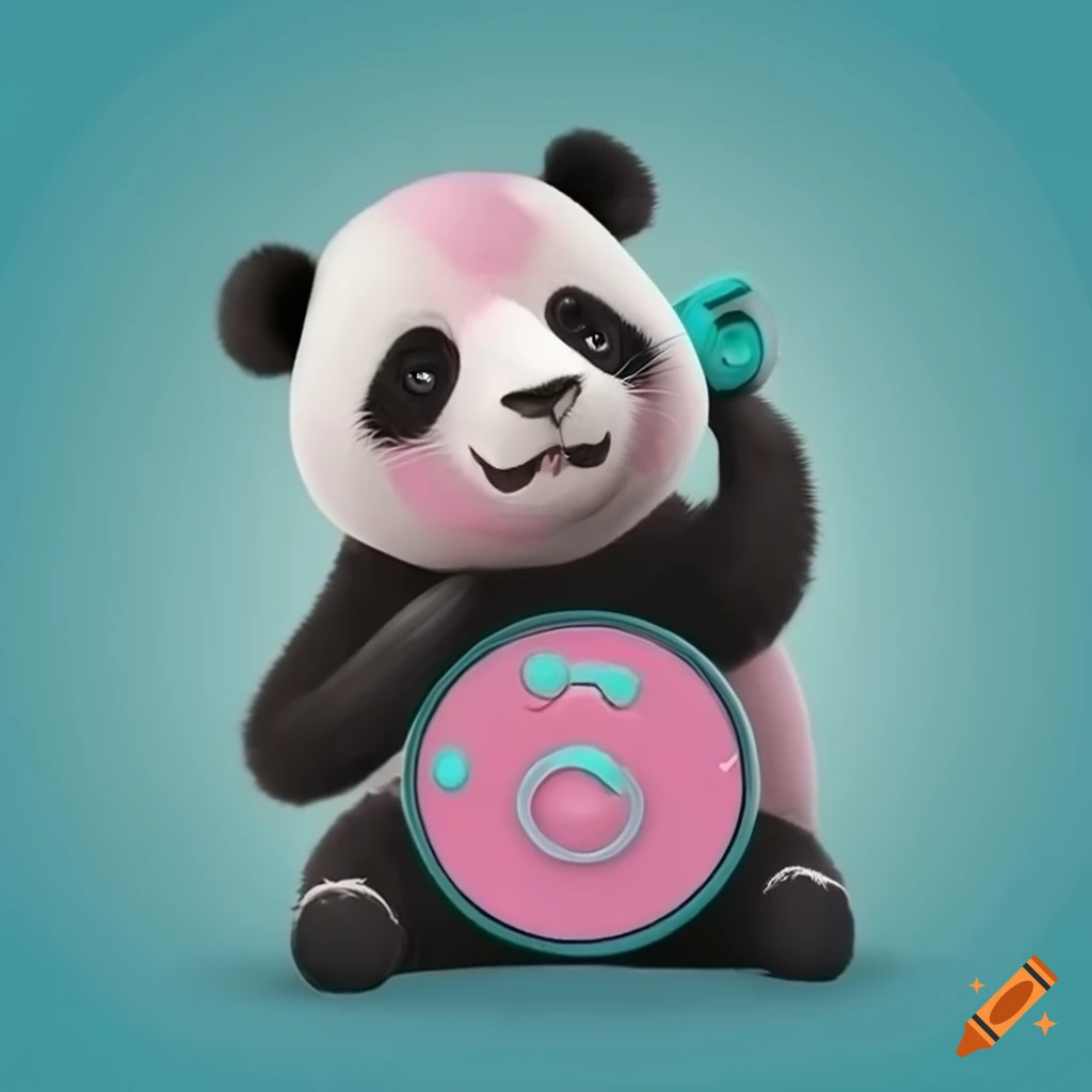 Grey panda bear wearing pink cat headphones with holding a turquoise ...