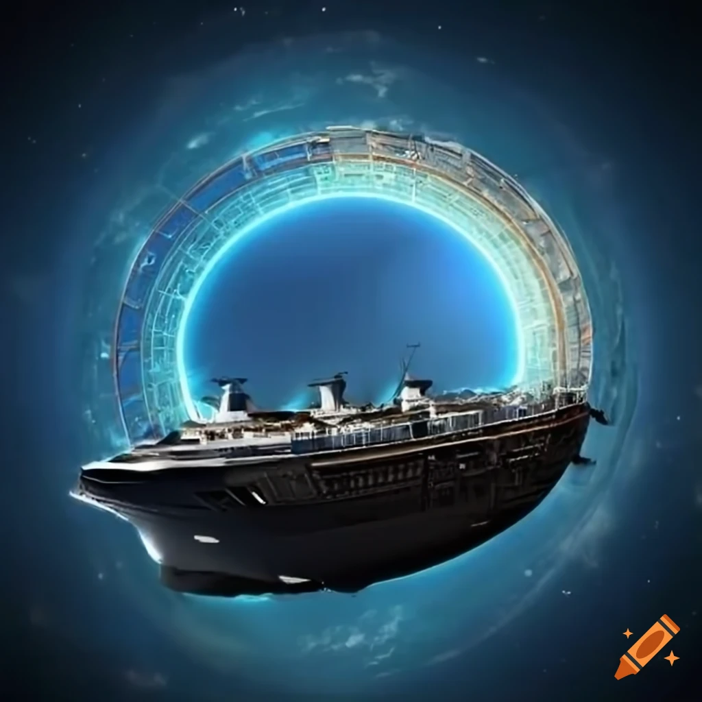 Cruise ship sailing on a flat earth from sea going through a Stargate ...