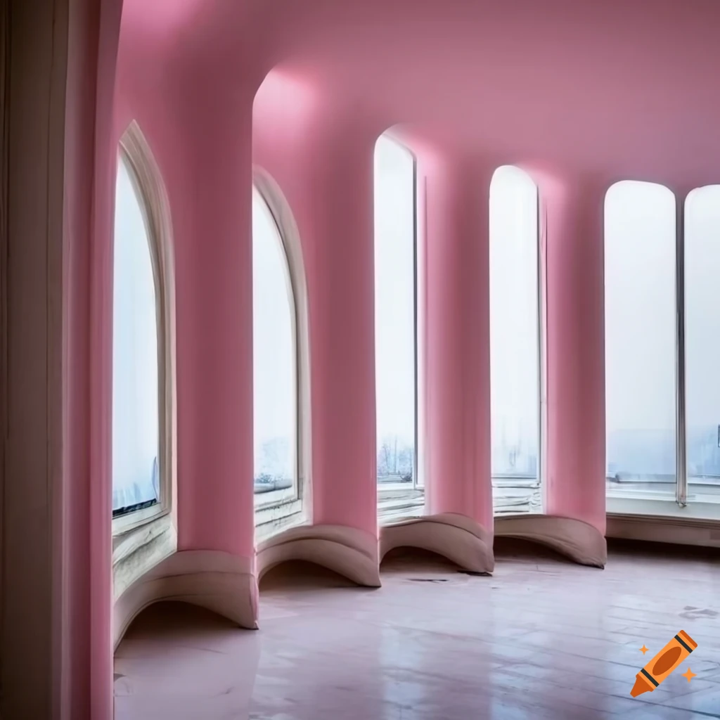 Abandoned curved white modern lobby with tattered pale pink curtains ...