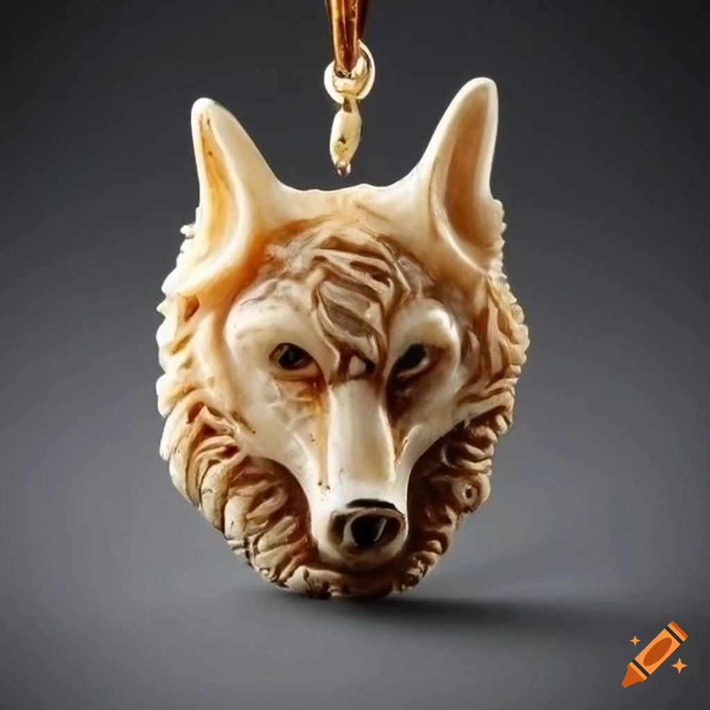 Carved bone pendant in the shape of a fierce wolf head on Craiyon