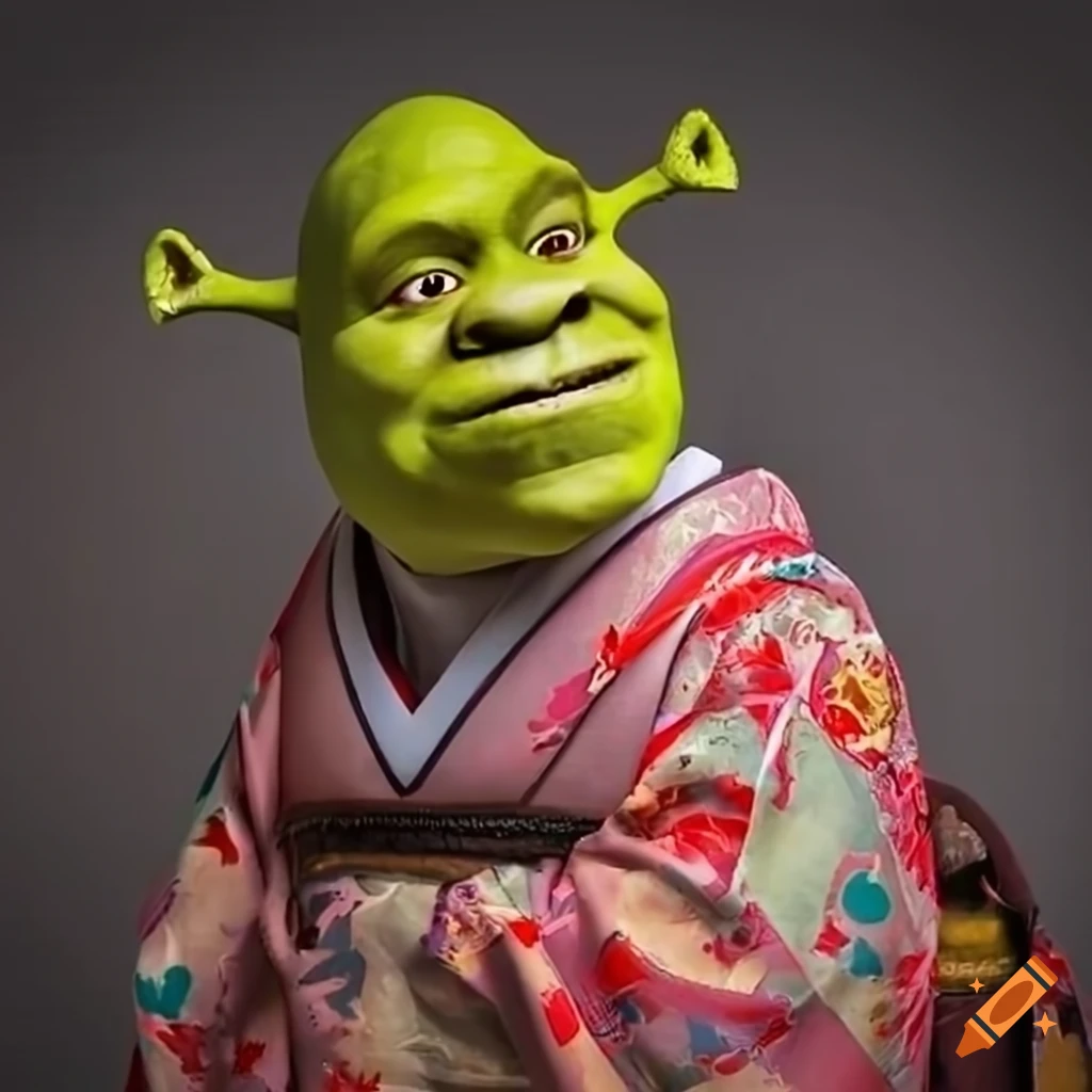 A creative depiction of shrek in a traditional geisha attire