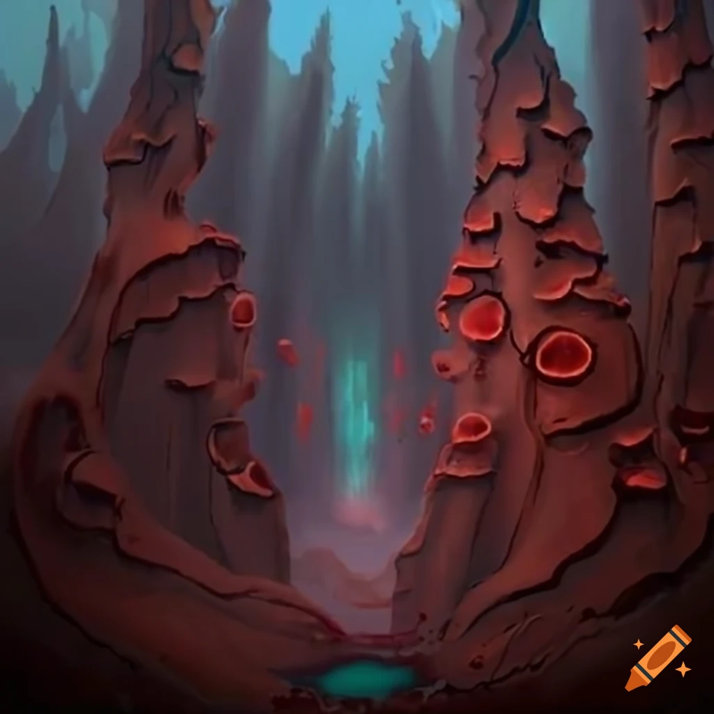 Create concept art of white and red fungal pods storing water in pale ...