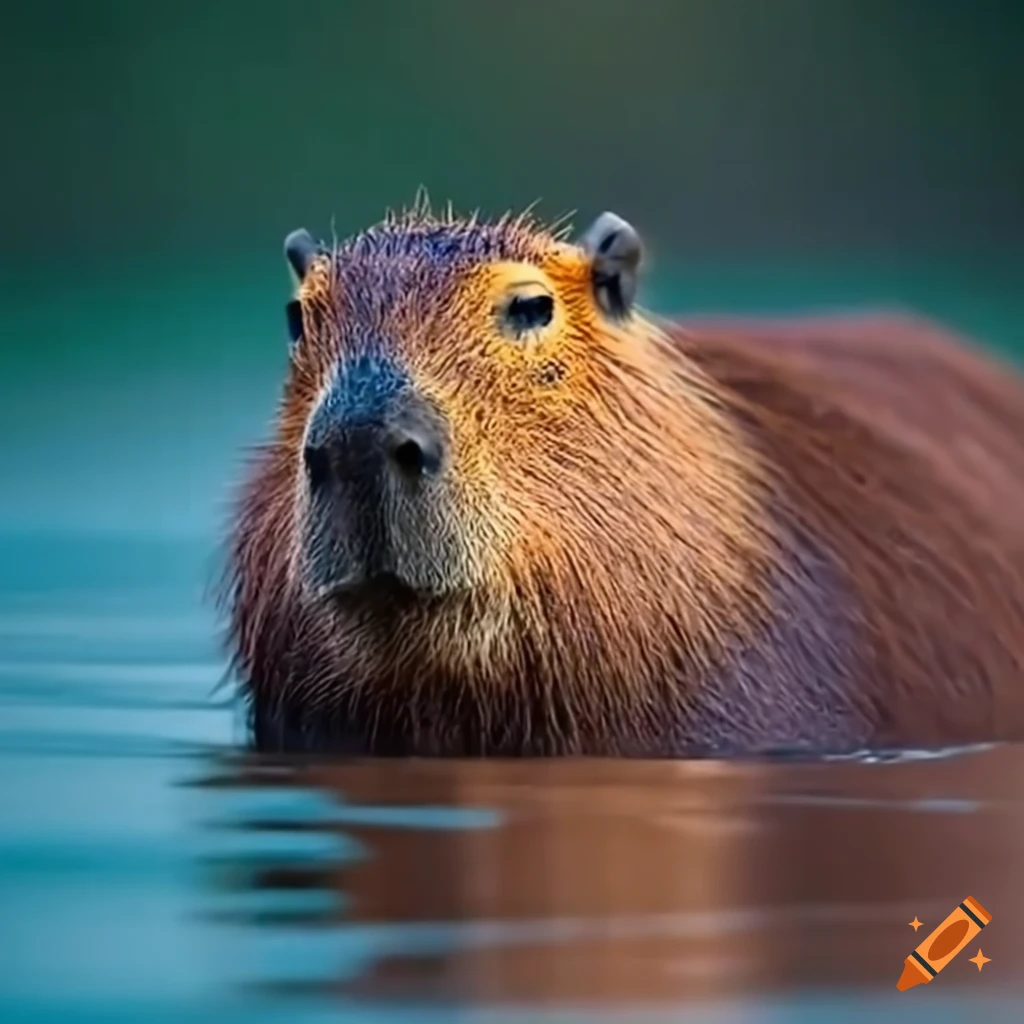 Capybara floats on the surface of the water in the early morning