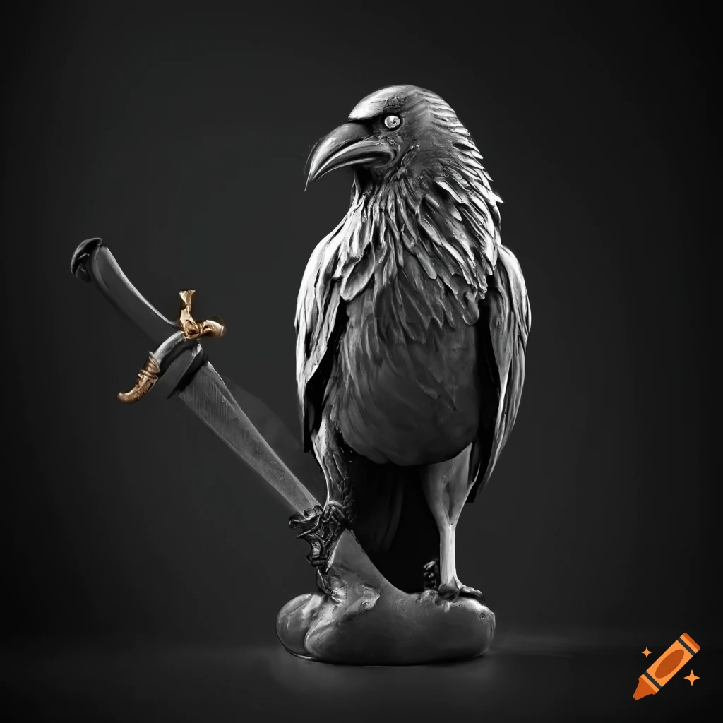Wax seal art of a heraldic raven standing holding a longsword by the ...